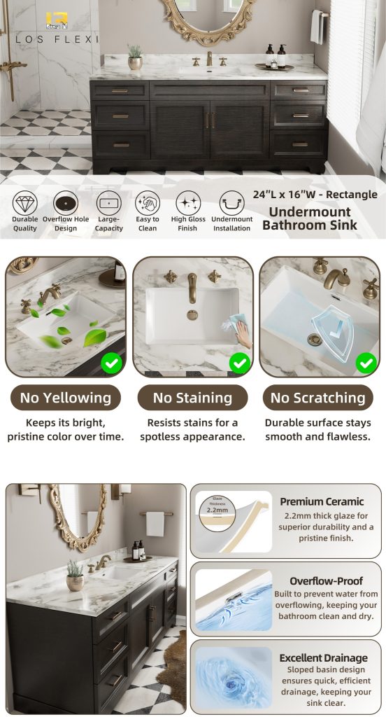 Los Flexi Rectangular Undermount Bathroom Sink 24"L x 16"W