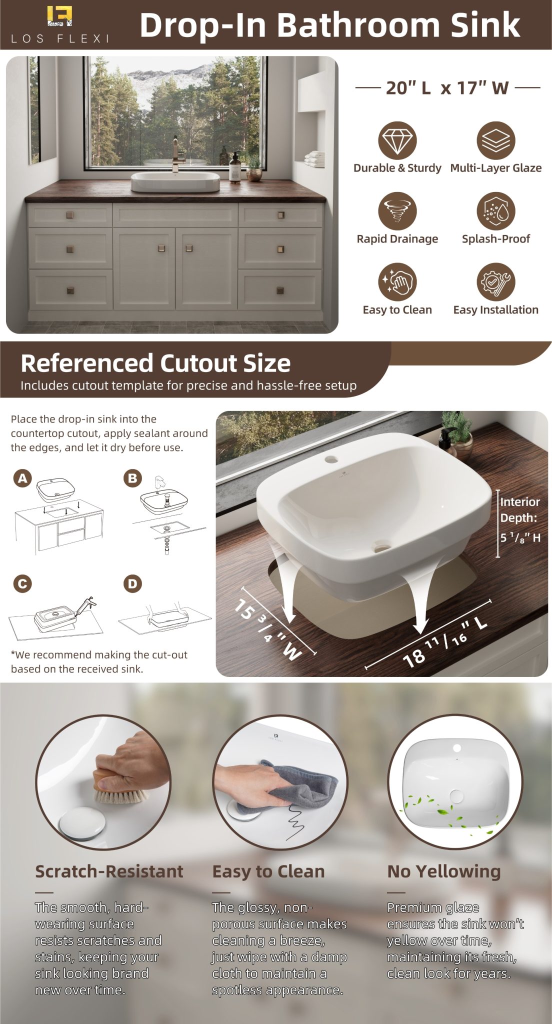 Los Flexi Rectangular Drop-In Bathroom Sink Without Overflow 20″L x 17″W