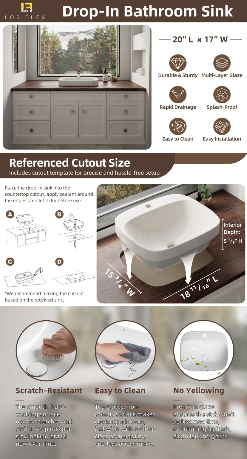 Los Flexi Rectangular Drop-In Bathroom Sink Without Overflow 20″L x 17″W